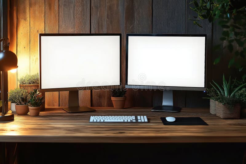 Home Office Setup with Two Computers, Empty White Screens. Wooden Desk ...