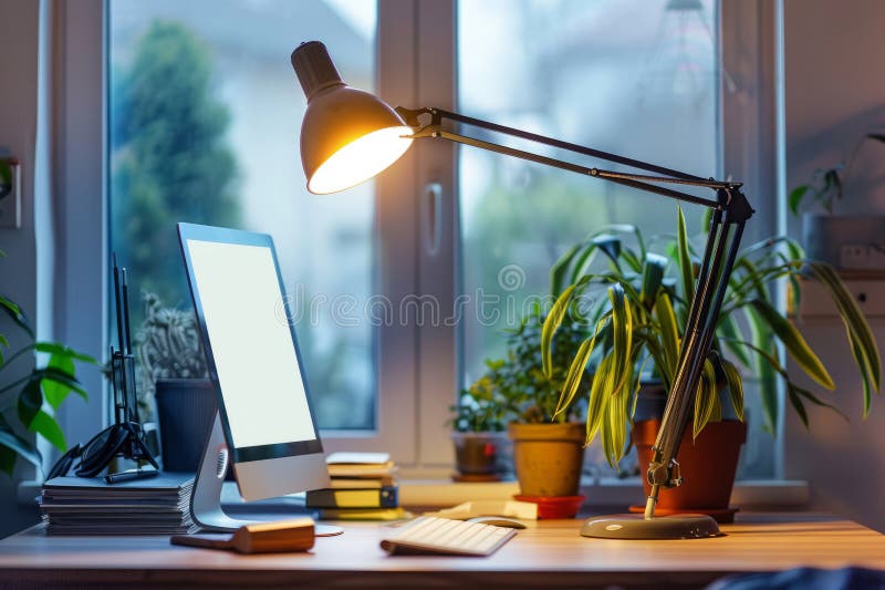 Home Office Setup with Warm Lighting. Online Remote Work from Home ...