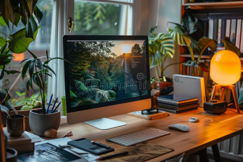 Home Office Setup with Warm Lighting. Online Remote Work from Home ...