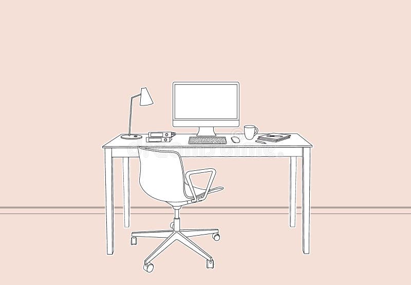 Home Office. Sketch Modern Office Interior. Desk. Outline Vector ...