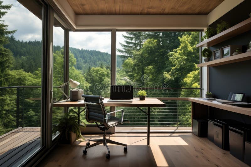 Home Office Space with Forest Backdrop View Stock Illustration ...