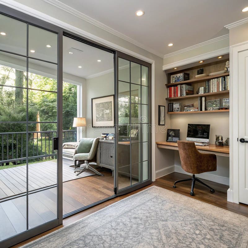 Home Office Space with Glass Wall and Sliding Doors Stock Illustration ...