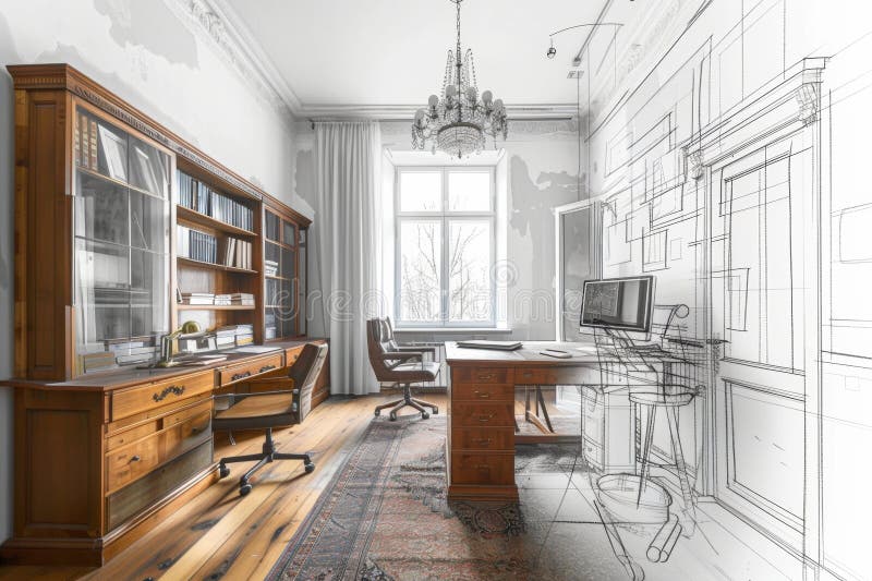 Home Office and Study Renovation Concept Featuring Furniture and ...