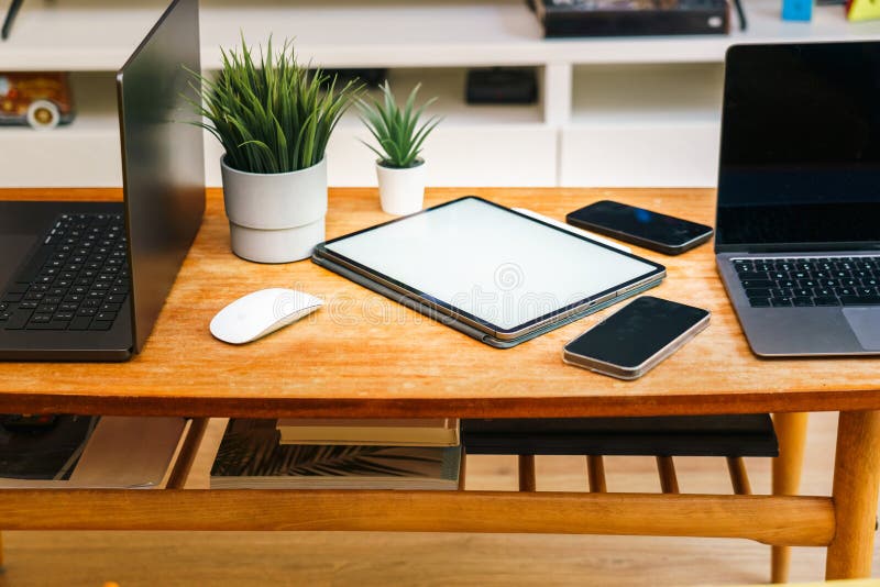 Home Office Table Graphic Tablet Notes Empty Screen Mockup Electronic ...