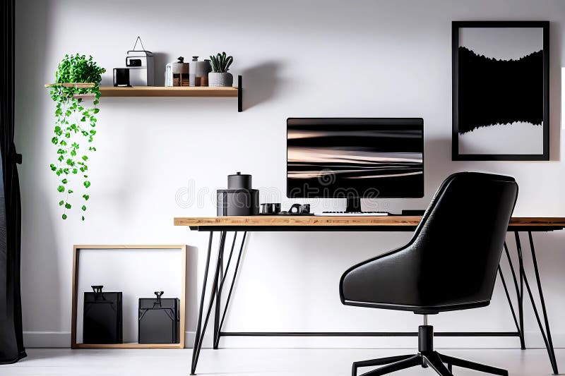 Home Office with Table and Monitor. Generative Ai Stock Illustration ...
