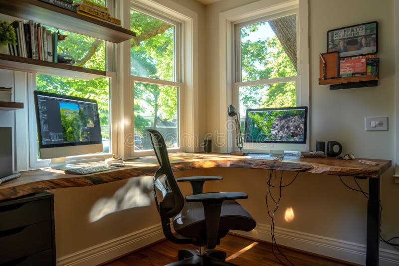 In the Home Office, There are Two Computers and a Chair for Work Stock ...