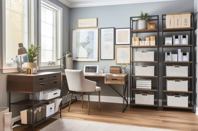 Home Office with Tidy and Organized Desk, Filing System, and Clutter ...