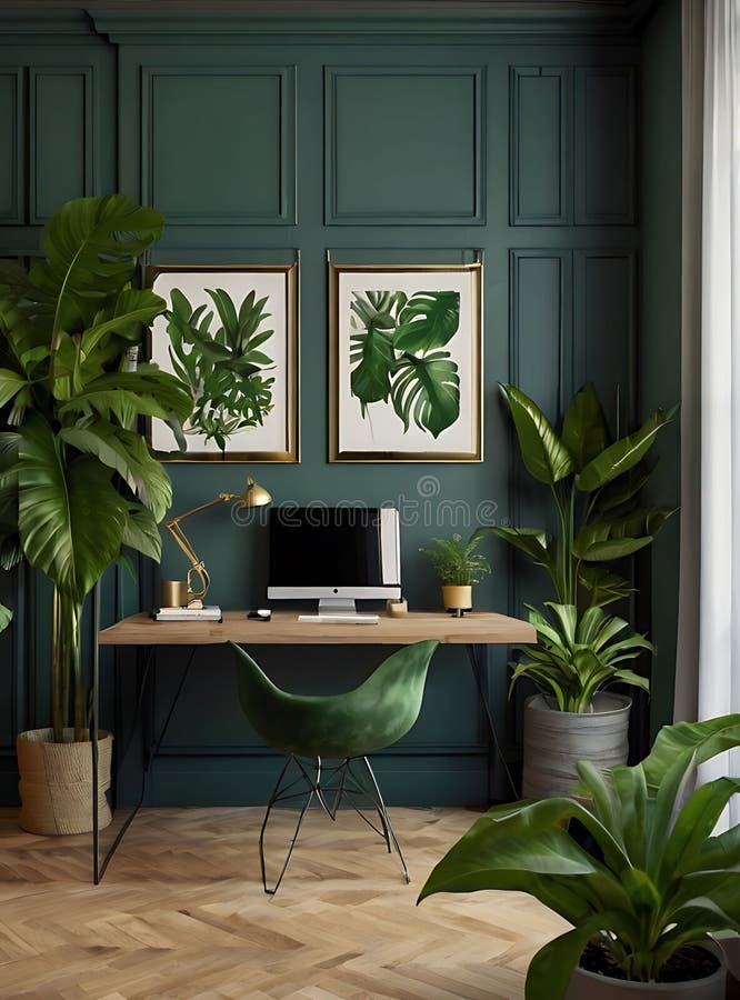 Home Office in Urban Jungle Style Stock Illustration - Illustration of ...
