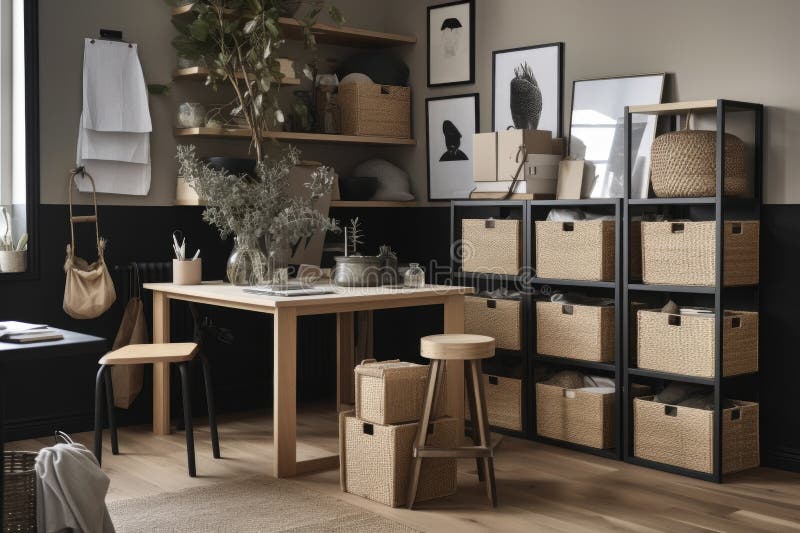 A Home Office with a Variety of Storage Solutions, Including Baskets ...
