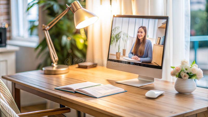 Home Office with Video Call on Desktop Computer Stock Illustration ...