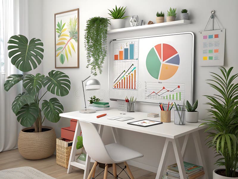Home Office with Visual Graphs on Whiteboard Stock Illustration ...