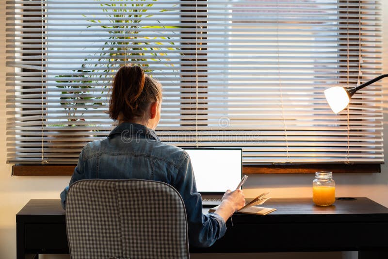 Home Office Woman Working on Computer at Dusk White Screen for Copy ...