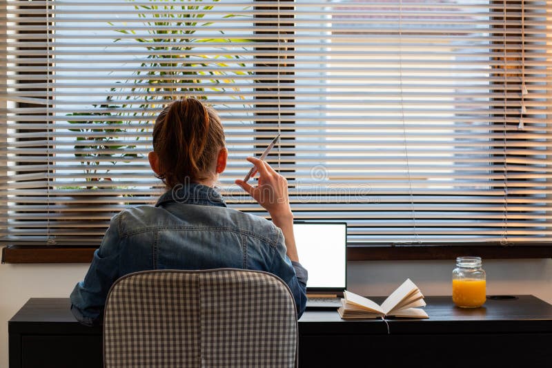Home Office Woman Working on Computer at Dusk White Screen for Copy ...