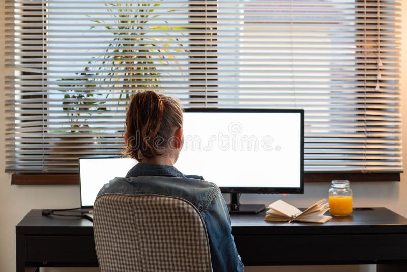 Home Office Woman Working on Computer at Dusk White Screen for Copy ...