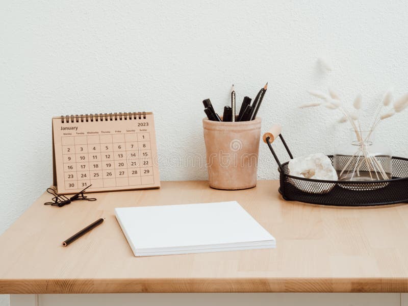 Home Office Wood Desk with Home Decor Amd Various Accessories Stock ...