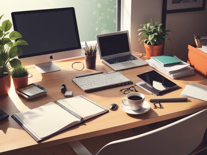 Home Office Working Desk-Flat Design Illustration Generated by Ai Stock ...
