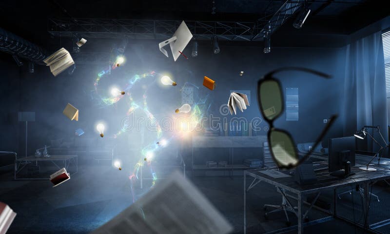 Home Office Workplace with Flying Objects Stock Image - Image of modern ...