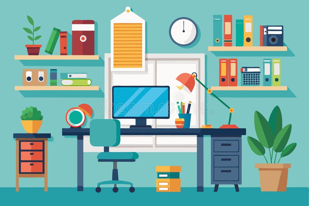 Home Office Workplace Image. Cartoon Style Stock Vector - Illustration of home, workstation ...