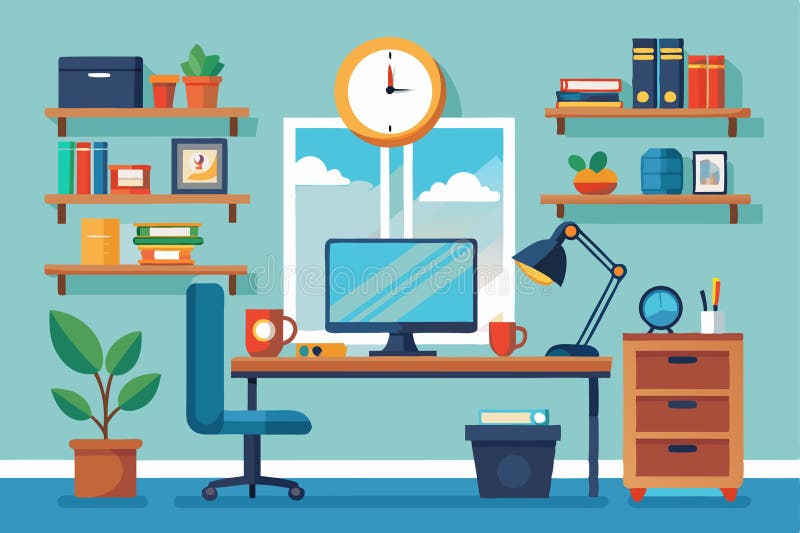 Home Office Workplace Image. Cartoon Style Stock Vector - Illustration ...