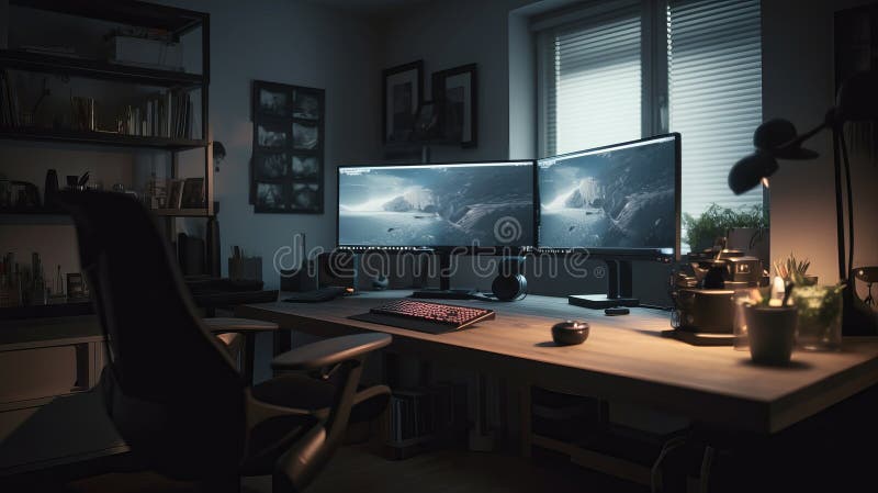Home Office Workplace Interior. Table and Monitors. Modern Space Stock ...