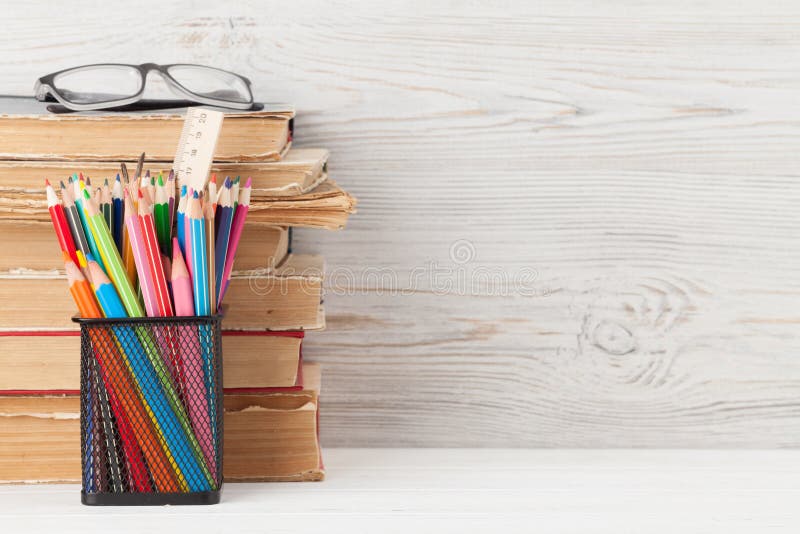Home Office Workplace with Stack of Old Books Stock Photo - Image of ...