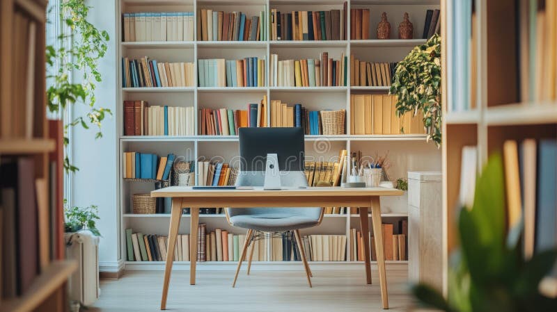 Home Office Workspace with Bookshelves and Computer Stock Illustration ...