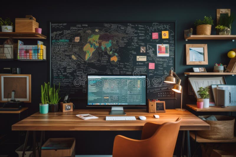 Home Office Workspace with Chalkboard Wall Full of Creative Ideas ...