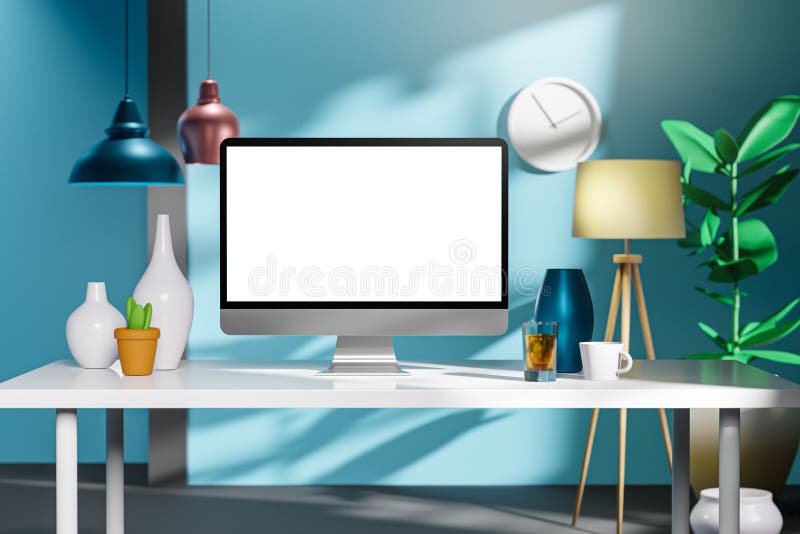Home Office Workspace Computer Desktop PC Mockup Template Furniture ...