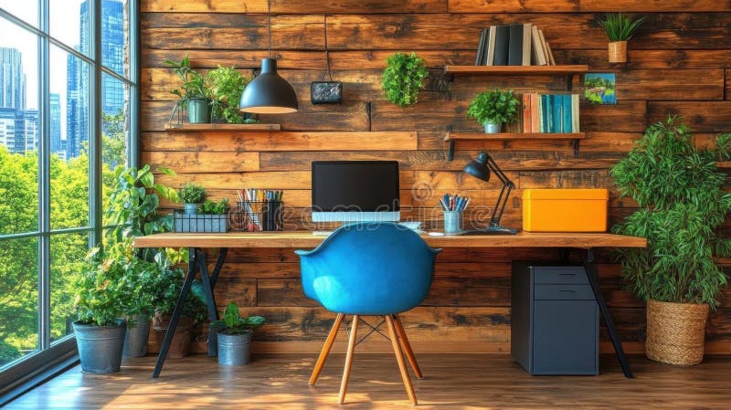Home Office Workspace Design, Plants, Wood, & Modern Stock Image ...