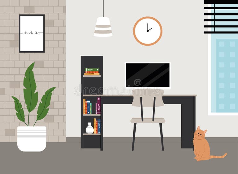 Home Office Workspace with Desk and Cat Vector Stock Illustration ...