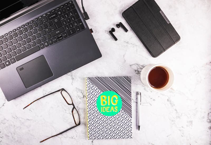 Home Office Workspace Flat Lay with Laptop, Note Book and Tablet Stock ...