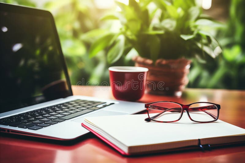 Home Office Workspace with Laptop, Chart, Coffee, Notebook, and ...
