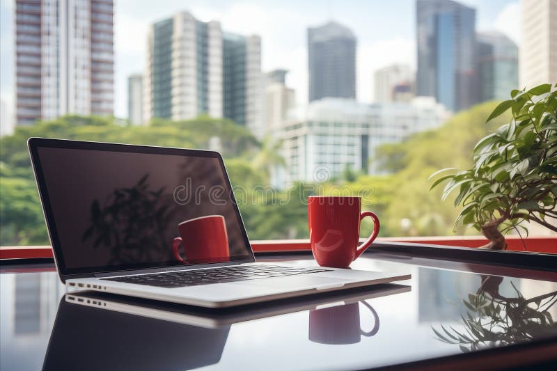 Home Office Workspace with Laptop, Organized Documents, Coffee Cup, and ...