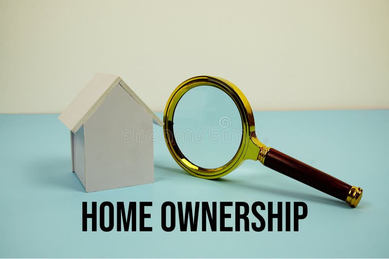 Home Ownership Text with White Model House and Magnifying Glass on Blue ...