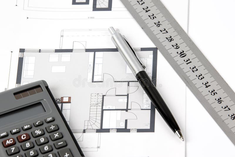 Home Plan, Calculator, Ruler, Pen Stock Photo - Image of architect ...