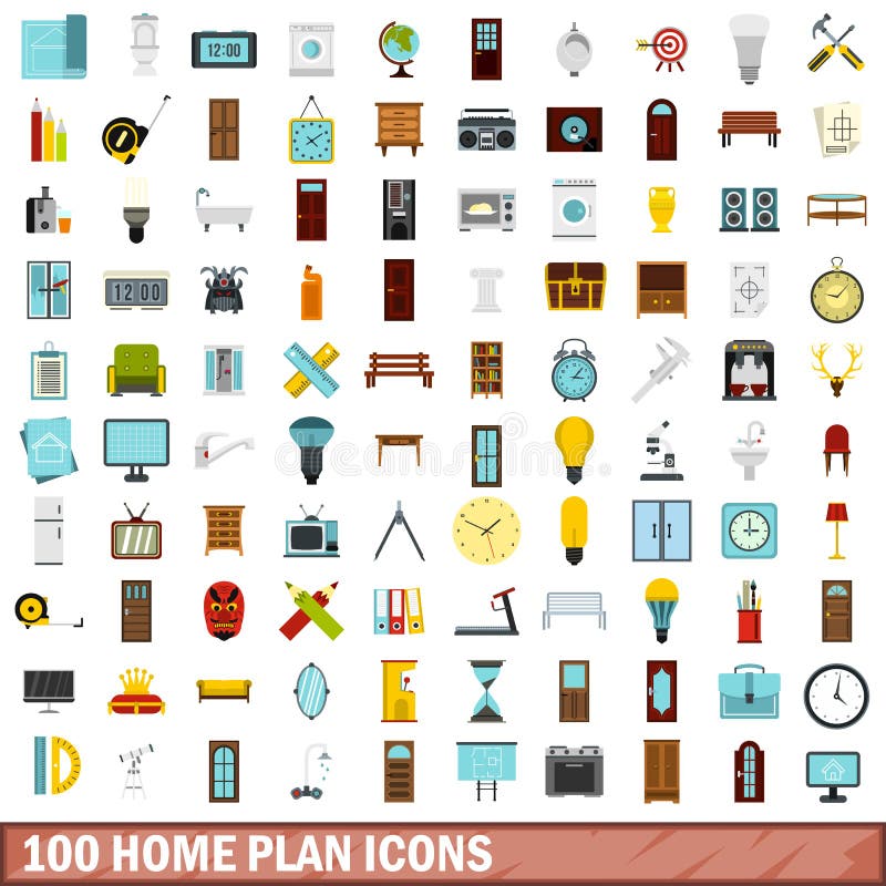100 Home Plan Icons Set, Flat Style Stock Vector - Illustration of ...