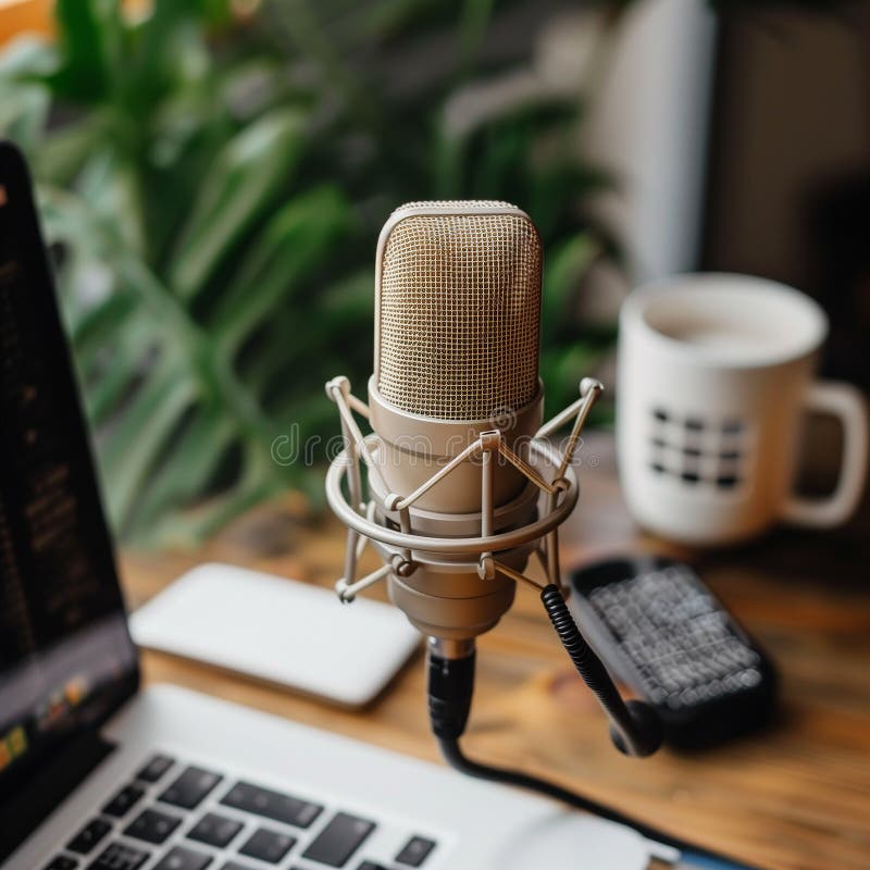 Home Podcast Setup with Microphone and Coffee Mug Stock Illustration ...