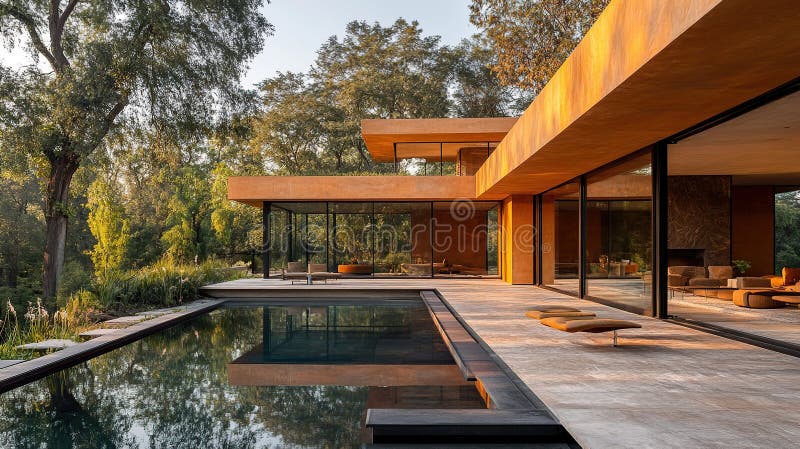 Home, Pool, Forest, Trees, Reflection Exterior Design View Stock ...