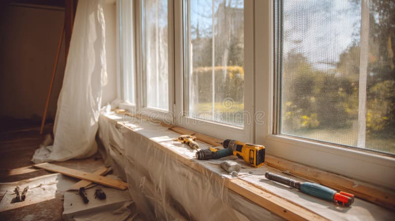 Home Renovation Concept with Tools and Window Installation Scene Stock ...
