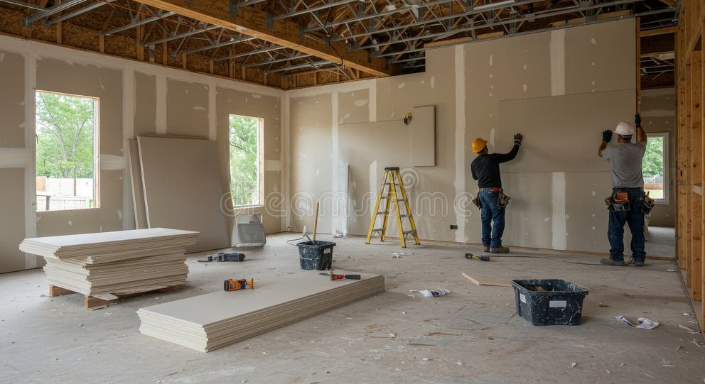 Home Renovation Drywall Installation in Progress Two Construction Workers Install Drywall in a ...