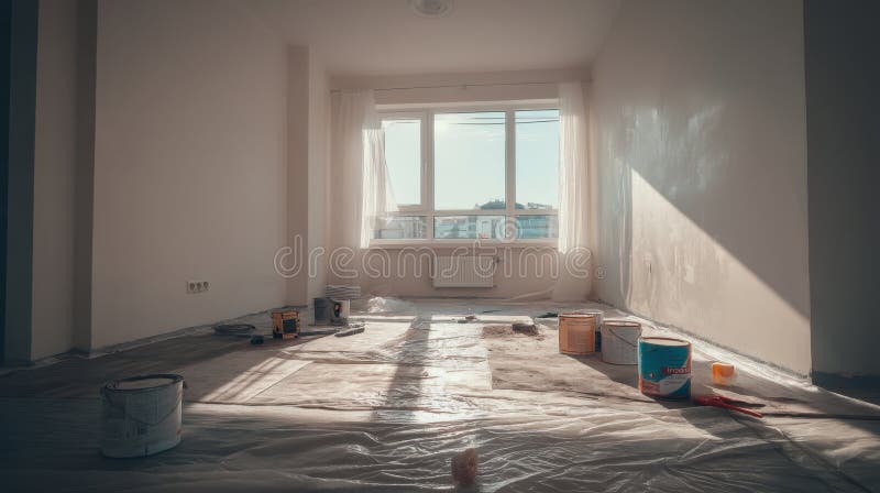 Home Renovation Project Scene with Paint Cans in Sunlit Room Stock ...