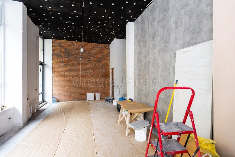 Home Renovation in Room Full of Painting Tools Stock Image - Image of ...