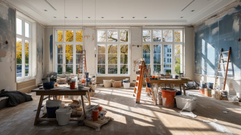 Home Renovation in Room Full of Tools and Ladders Stock Image - Image ...