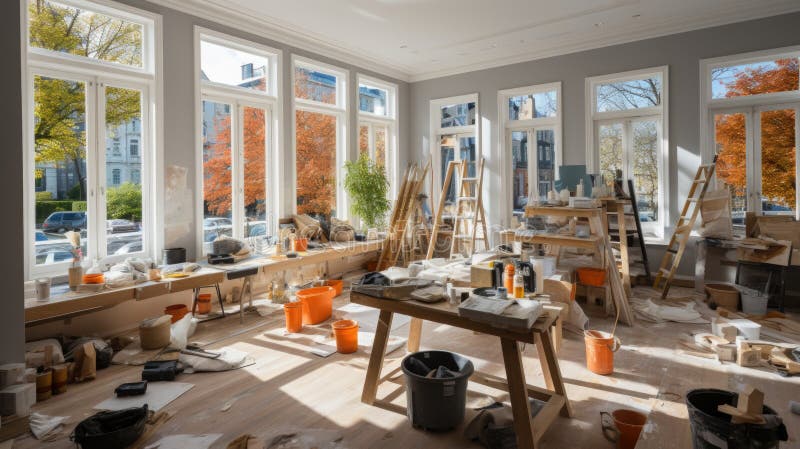 Home Renovation in Room Full of Tools and Ladders Stock Illustration ...