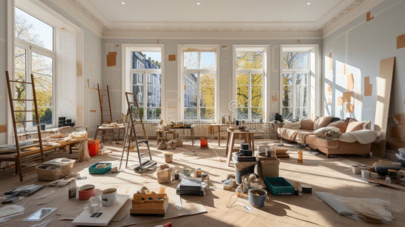 Home Renovation in Room Full of Tools and Ladders Stock Image - Image ...