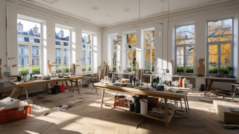 Home Renovation in Room Full of Tools and Ladders Stock Photo - Image ...