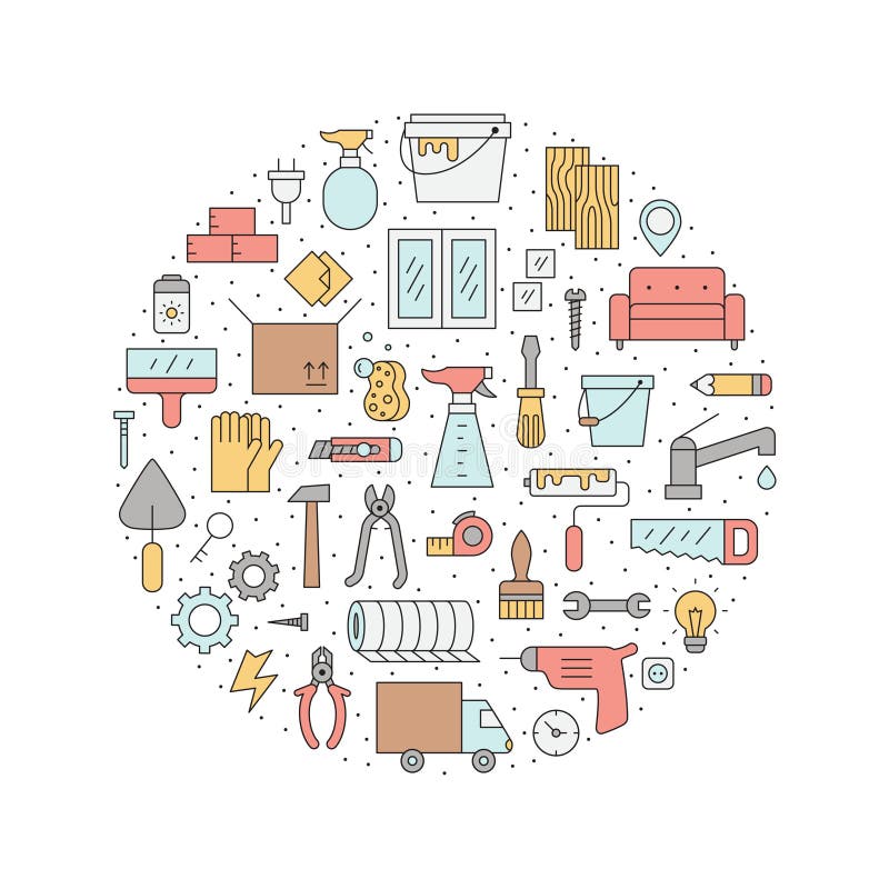 Home Repair and Construction Outline Circle Vector Illustration. Stock ...