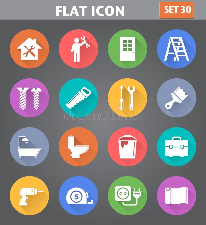 Home Repair and Tools Icons Set in Flat Style with Long Shadows. Stock ...