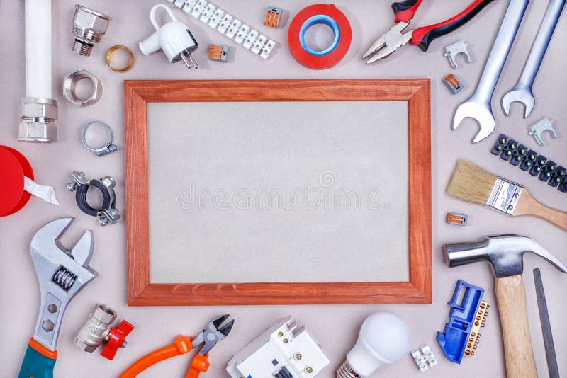 Home Repair Tools on Table with Copy Space. Stock Image - Image of ...