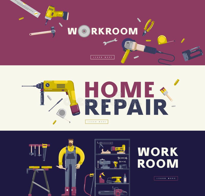 Home Repair and Workshop Banners Set Stock Vector - Illustration of ...